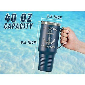 Onebttl Pontoon Boat Captain Tumbler, 40oz Stainless Steel With Spill-Proof Lid and Straw, Laser Engraved Gift, Navy Blue