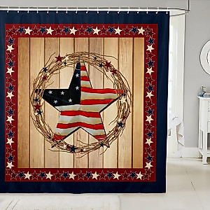 Retro Star American Flag Shower Curtains Red Navy Blue Plaid Vintage Decor Bath Curtains for Bathtub Wooden Stripes Rustic Farmhouse Bathroom Curtains with 12 Hooks 72" W x 84" L