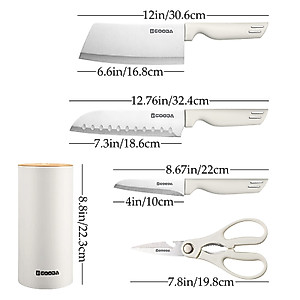 Knife Set for Kitchen, Retrosohoo 5-Pieces White Cooking Knife Set with Storage Knife Holder, Sharp Stainless Steel Knife Block Set for Cutting Slicing Dicing Chopping (White)