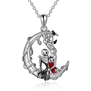 ONEFINITY Nightmare Necklace Sterling Silver Jack and Sally Moon Pendant Necklace Gothic Valentines Day Jewelry for Women Wife Daughter