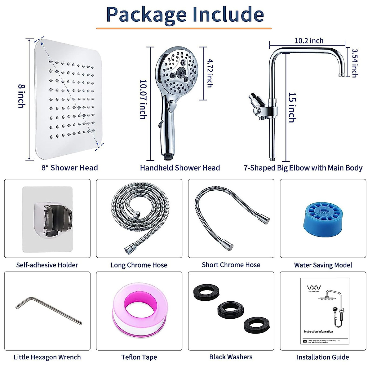 VXV Rainfall Shower Head Combo, 8'' High Pressure Rain Shower Head with 6 Function Handheld Spray, Dual Shower Head Combo with Adjustable Slide Bar, Chrome