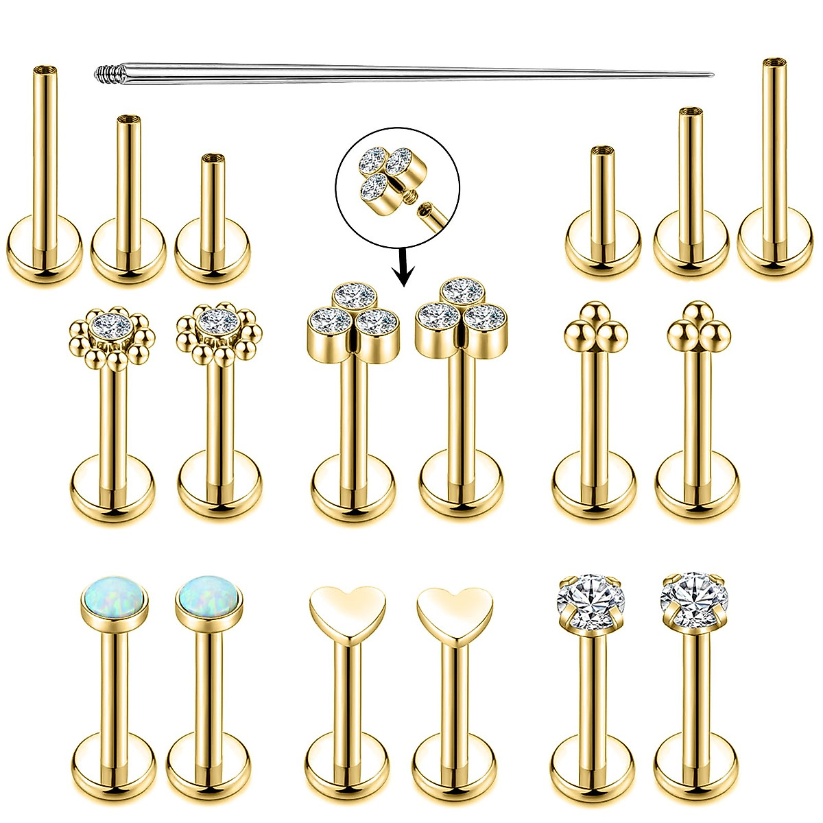 Yjbglrygf 16G Monroe Lip Piercing Jewelry Labret Studs Tragus Hoop Earrings Internally Threaded Lip Stud Nose Piercing Stud Flat Back Opal Zircon Helix Earring Studs(16G*8mm, gold)