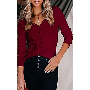 PRETTYGARDEN Womens Long Sleeve Tops - Sexy V Neck Button Ribbed Knit Sweatshirts (Wine Red,Large)