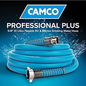 Camco EvoFlex 25-Foot Drinking Water Hose | Features an Extra Flexible Construction | Stainless Steel Strain Reliefs on Each Hose End | Ideal for RV and Marine Use (22594)