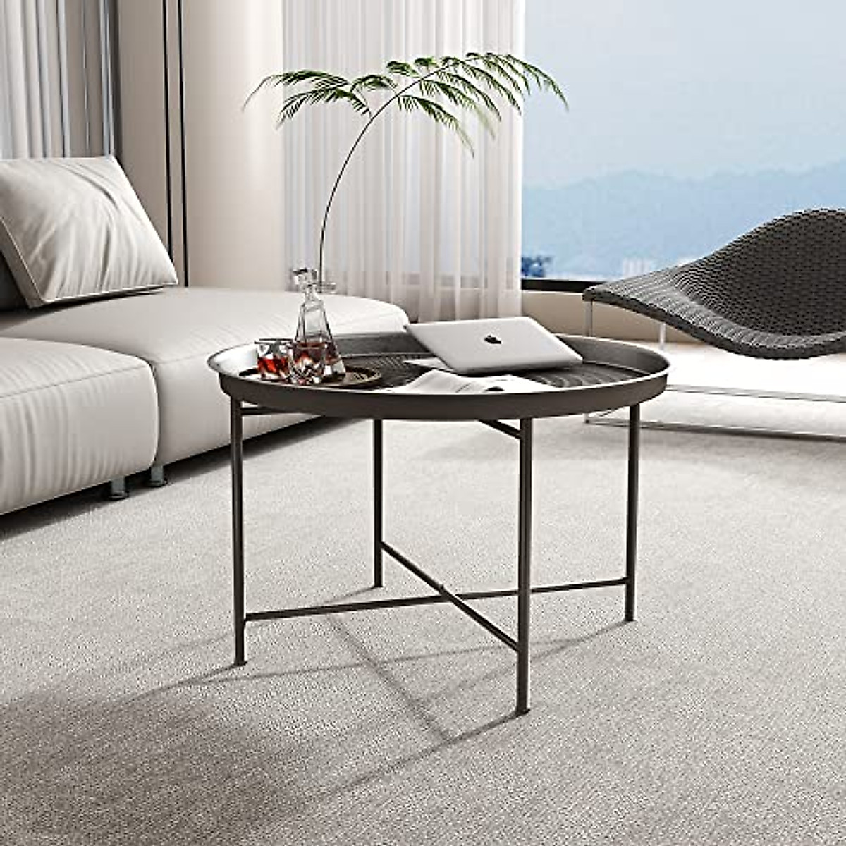 Yusong Coffee Table, Boho-Chic Hammered Metal Tray Coffee Table, Mahdavi Round Coffee Tea Table, Living Room Tables for Storage and Display, Brushed Silver