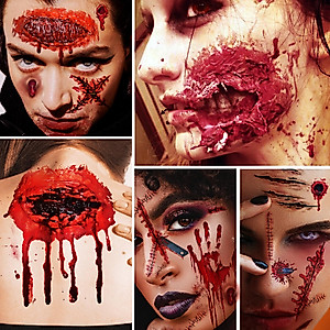 Halloween Temporary Face Tattoo Sticker 3D Zombie Scar Fake Bloody Wound for Cosplay Party Masquerade Prank Prop Decorations, Waterproof Sweatproof Makeup for Women Man kids