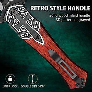 VALHALLA PASTOR 2 Pocket Knife, 3.7'' D2 Steel Cool knives, 3D Retro Embossed Folding Knife with Wooden Inlay, Pocket Knife For Men, Liner Lock, Gift for men women