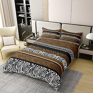 Zebra Texture 100% Natural Cotton Duvet Cover Full Dark Leopard Bedding Set for Kids Youth Adults Rustic Paisley Comforter Cover Bohemian Exotic Brown Bed Sets with 2 Pillowcases Soft