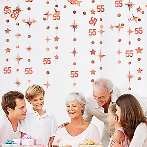 Rose Gold 55th Birthday Decorations Number 55 Circle Dot Twinkle Star Garland Metallic Hanging Streamer Banner Backdrop for 55 Years Old Birthday Happy 55th Anniversary Fifty Five Party Supplies