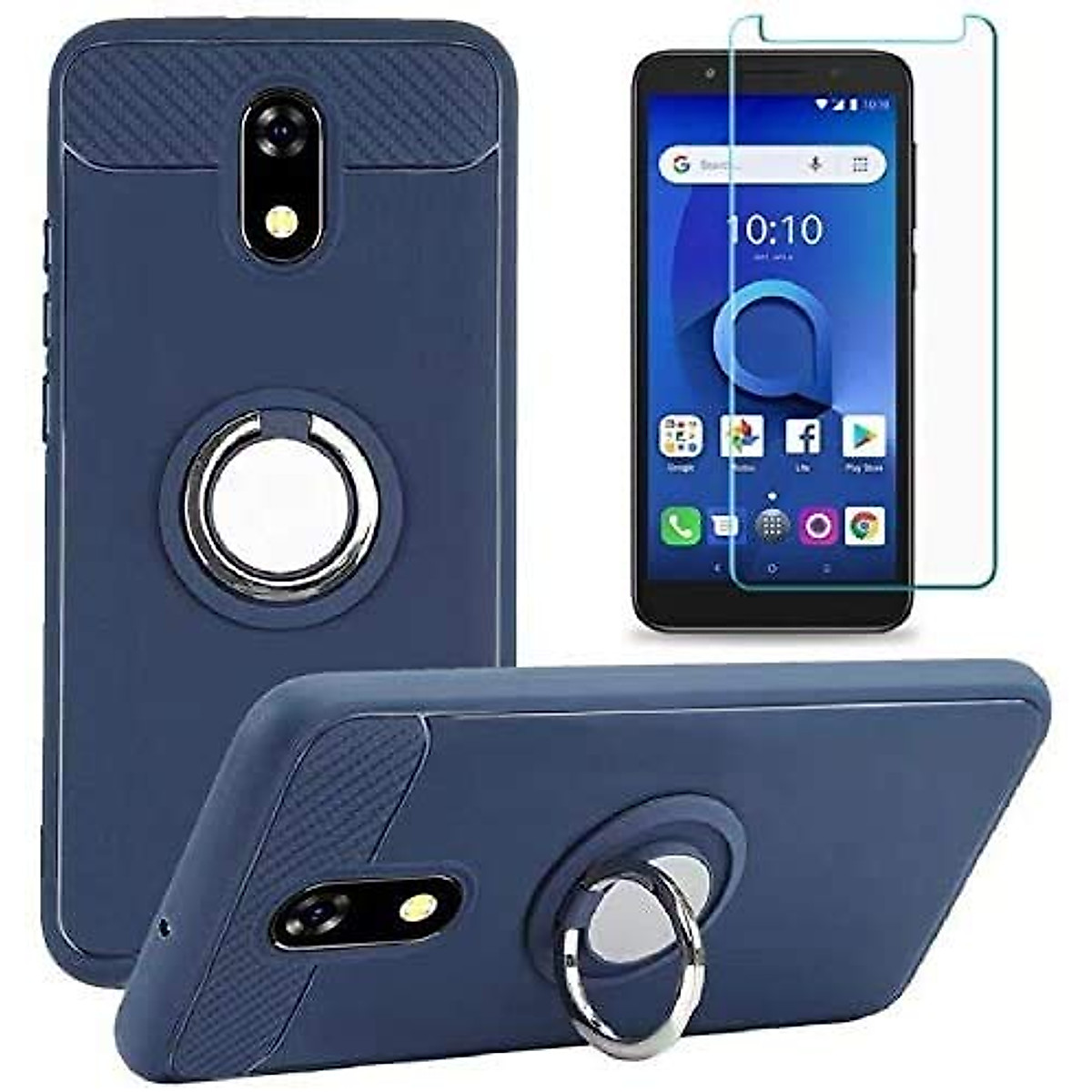 BLU View 2 Phone Case with Tempered Glass Screen Protector, Rotating Ring [Magnetic Car Mount] [Kickstand] Holder Soft TPU Protection Cover Case for BLU View 2 / B130DL (Blue)
