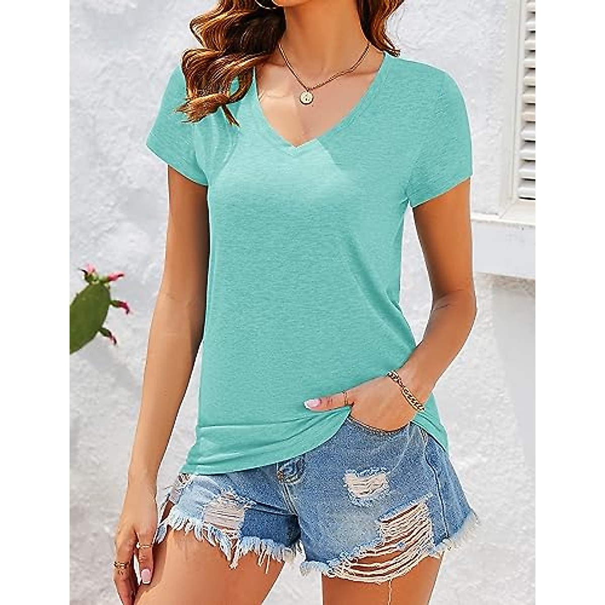 Sherosa Ladies Tops Short Sleeve V Neck Tee Shirts Cotton Plain T Shirts Basic Tees for Women Light Green S