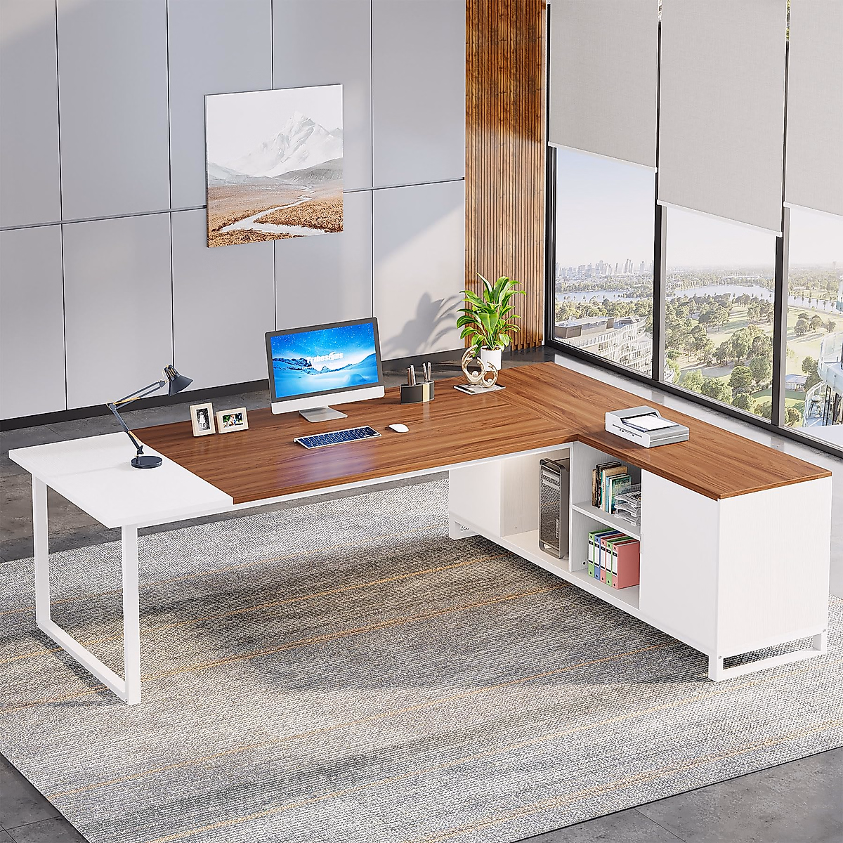 Tribesigns 70.8" Executive Desk with 55" File Cabinet, Modern L Shaped Computer Desk with Storage Shelves and Cabinet, Large L Shaped Executive Desk for Home Office, Walnut & White