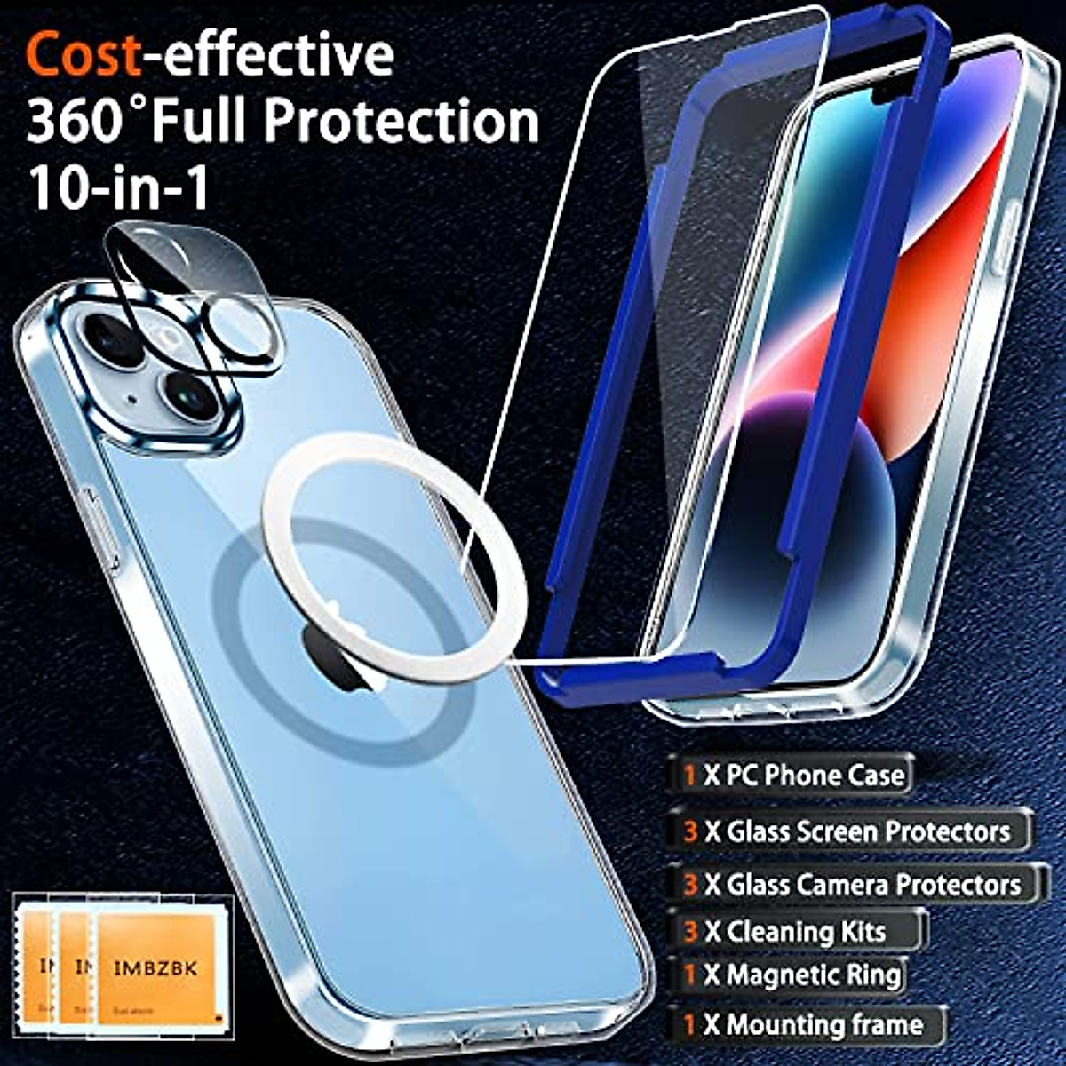 IMBZBK [10 in 1 for iPhone 14 Plus Case Clear with 3 Pack Glass Screen Protector Accessories 3 Pack camera lens Cover Protective Slim Thin Cute Phone Cases Funda Suitable with MagSafe Women Men
