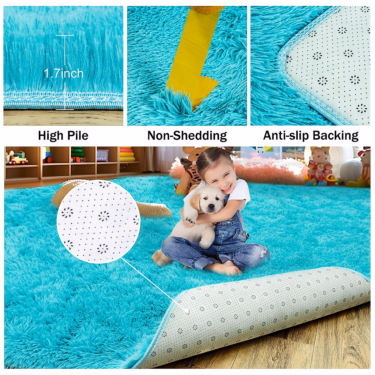 Super Soft Fluffy Rug for Living Room Bedroom, Modern Shaggy Rug Fuzzy Kids Rug for Living Room, Plush Indoor Nursery Classroom Home Decor Bedside Rug with Non-Slip Bottom, Teal Blue, 4 X 6 Feet