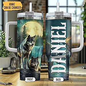 Foxcorner Personalized Wolf 40oz Tumbler with Handle and Straw Gifts for Wolf Lovers, Father's Day Animal Gifts For Men, Birthday Gift Ideas, Custom Name Insulated Stainless Steel Travel Cup With Lid
