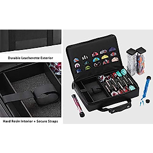 Casemaster The Pro Leatherette Dart Case with Leather-Like Exterior Covering, Holds 9 Steel Tip or Soft Tip Darts with 15 Built-in Pockets for Accessories and Plastic Tubes and Containers for Even More