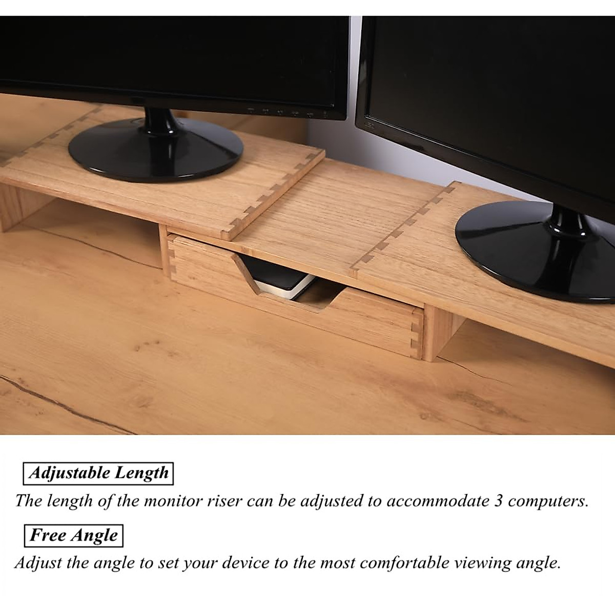 DDYURI Monitor Stand Rier - Computer Riser with Storage Drawer for Office Supplies - Wood Desktop Organizer Shelves with Adjustable Length Angle - Desk Organizer Tray Rack for Laptop (YPJ3T-LT)