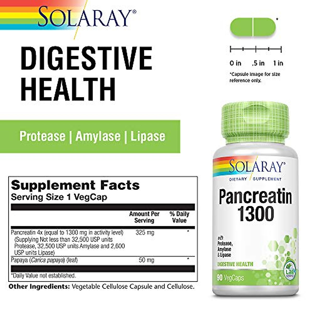 SOLARAY Pancreatin 1300 | Pancreatic Digestive Enzymes Plus Papaya for Healthy Digestion Support | 90 VegCaps, 90 Serv.