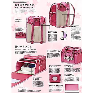 Ransel Randoseru Semi-Automatic Backpack Japanese School Bags for Kids Girls Senior PU Leather Large Capacity Light Weight Rain Cover（Pink）