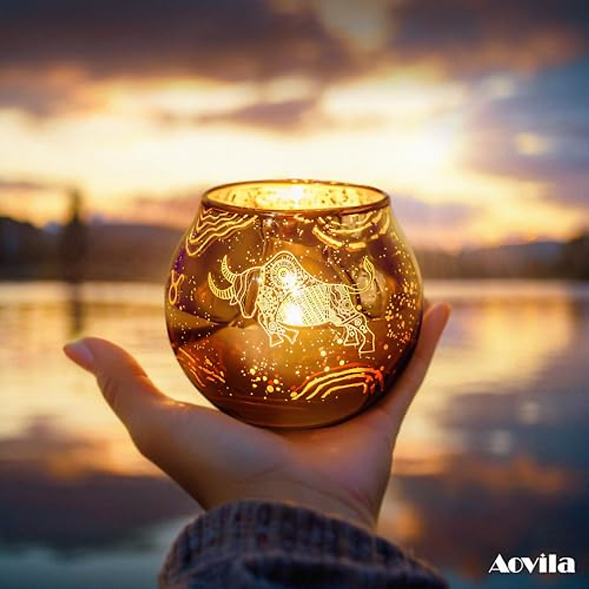 AOVILA Taurus Gifts for Women Gold Votive Candle Holder Tea Light Candle Holder with Tea Light Candle Gift Set for Zodiac Astrology Birthday Gifts Women Mother Home Decor Table Centerpiece