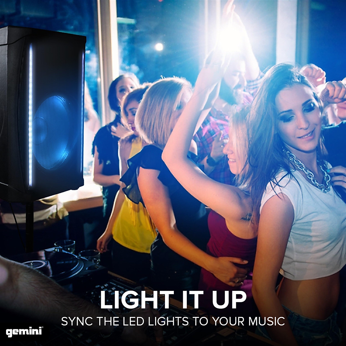 Gemini Sound GD-L115BT Powered LED Lit 1000W 2-Way Linkable Bluetooth PA Speaker with 3 Channel Mixer