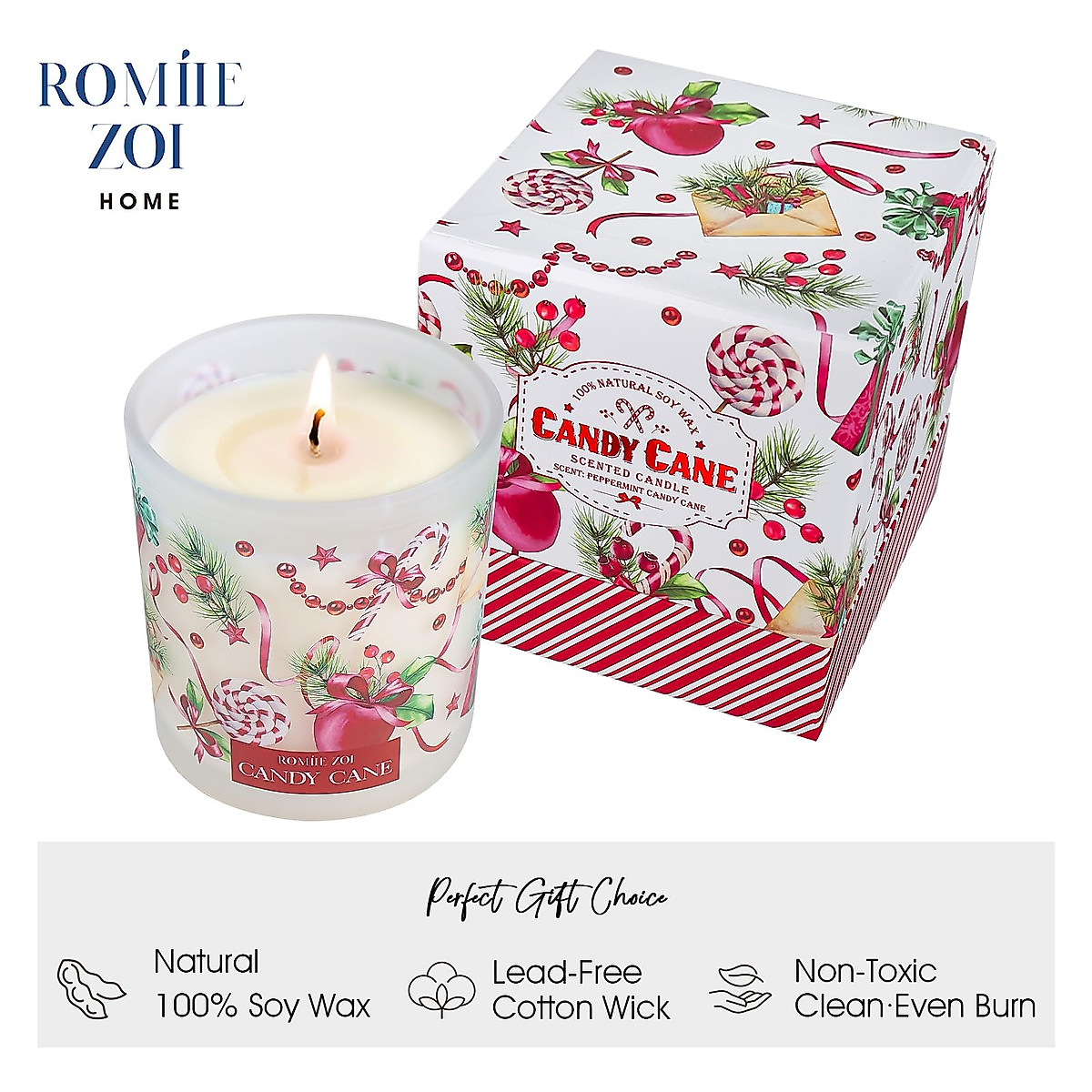 ROMIIE ZOI Christmas Scented Jar Candle - 6oz Soy Wax Candle - Candy Cane Infused with Peppermint Candy Cane Aroma - with Beautiful Keepsake Box Special for Christmas/Holiday Gifts