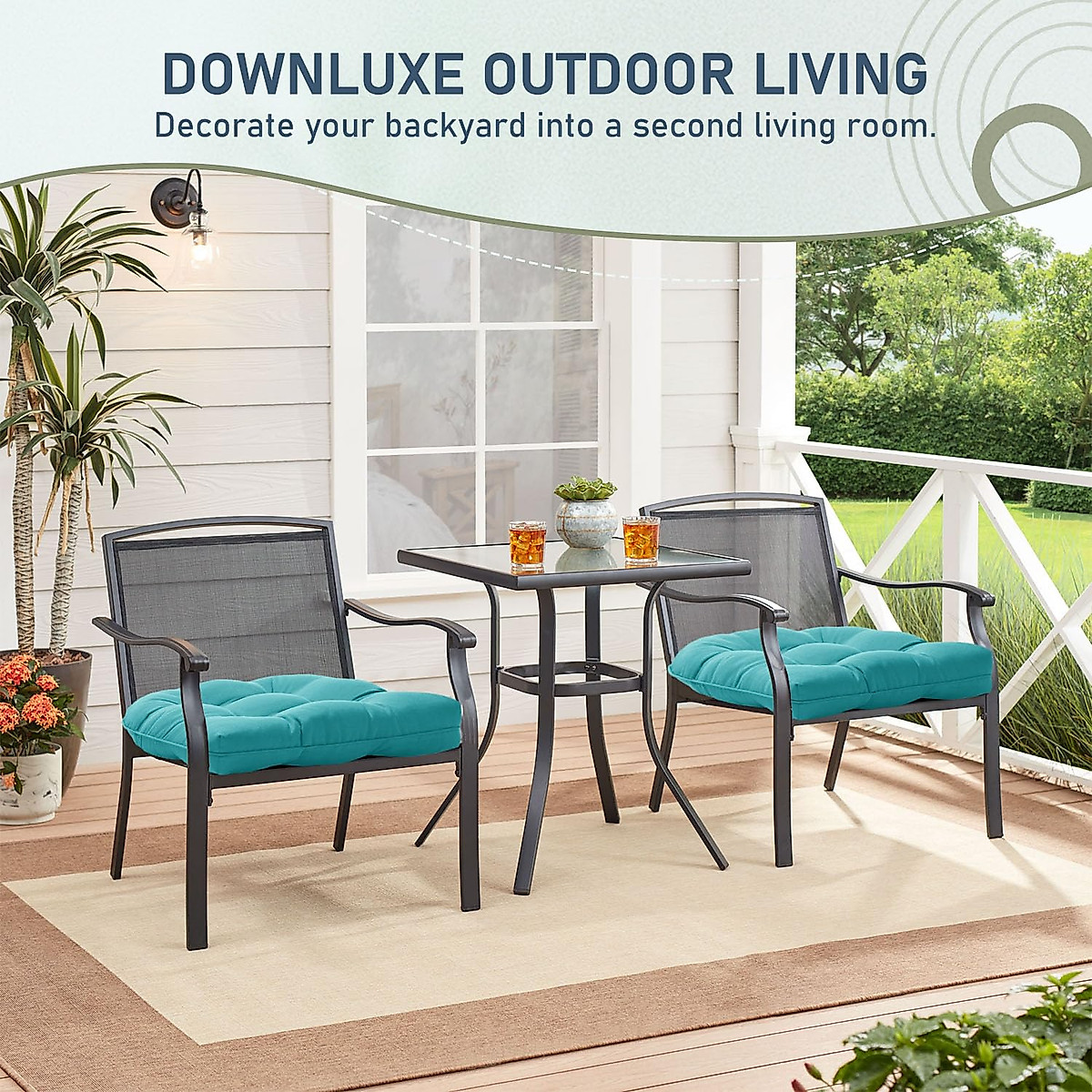 downluxe Outdoor Chair Cushions Set of 2 for Patio Furniture, Waterproof Tufted Overstuffed Patio Furniture Cushions, Memory Foam Outdoor Seat Cushion, 19" X 19" X 5", Teal