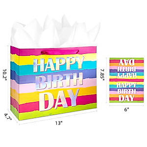 HAPMARS 13" Large Happy Birthday Gift Bag for Kids Girls Women, Colorful Birthday Party Bag with Tissue Paper & Greeting Card, Rainbow Pretty Present Bag Gift Bags