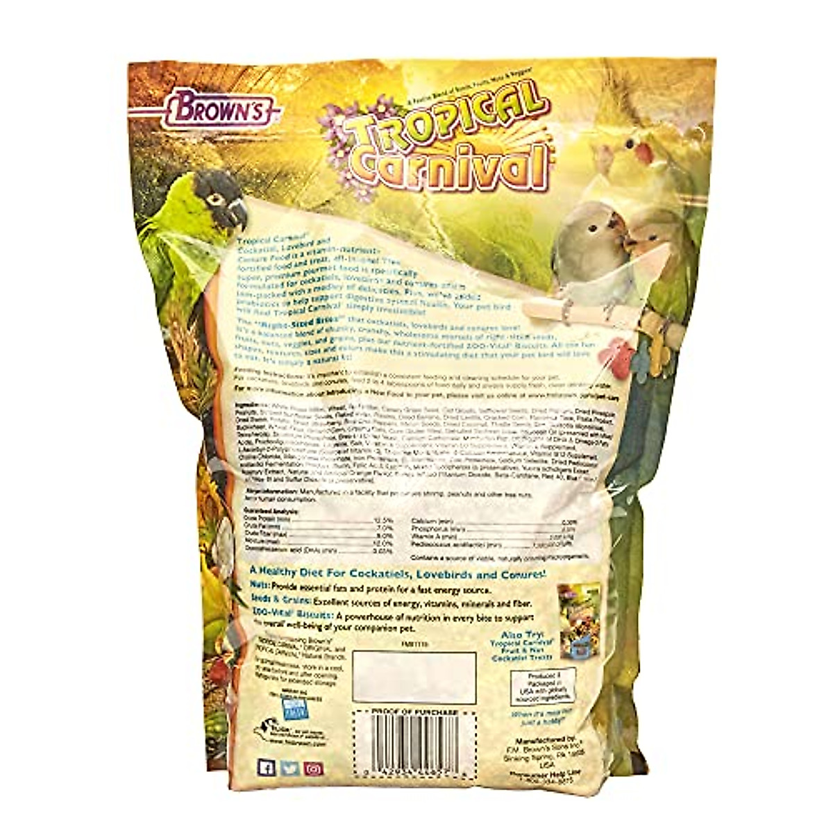 F.M. Brown's Tropical Carnival, Gourmet Bird Food for Cockatiels, Lovebirds, and Conures, Vitamin-Nutrient Fortified Daily Diet, 3 lb