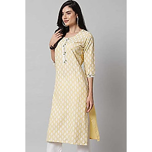 Chandrakala Women's 100% Cotton Tunic Top 3/4th Sleeve Straight Kurti Kurta,Medium,Beige (K218BEI2)