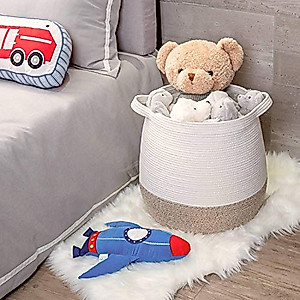 MINTWOOD Design Large 17 x 17 Inches Decorative Woven Cotton Rope Blanket Basket for Living Room, Laundry Basket Hamper, Storage Baskets with Handles for Toys, Throws, Pillows, Towels, Shoes, Brown