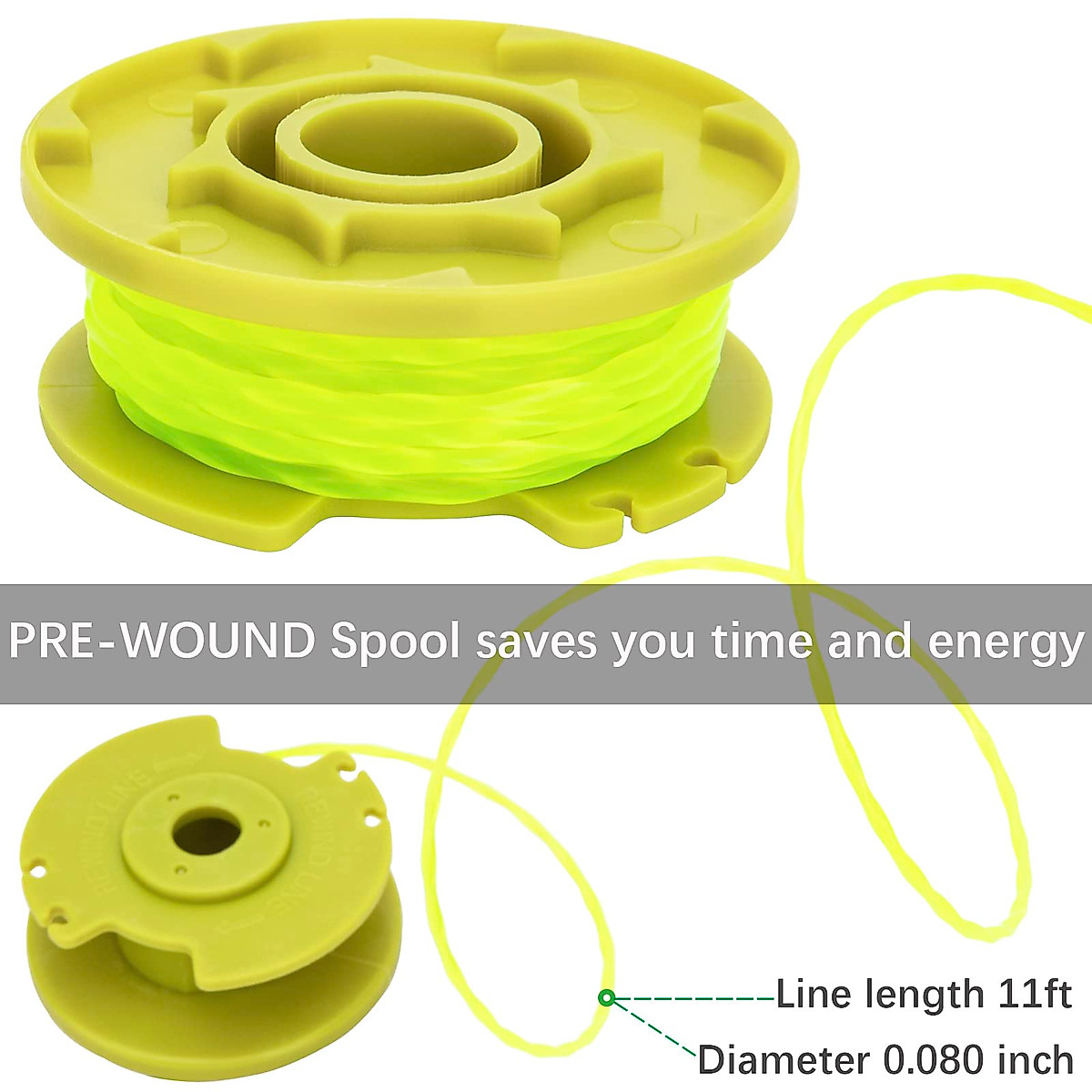 AC80RL3 String Trimmer Replacement Spool Compatible with Ryobi One PLUS+ 18v 24v 40v Weed Wacker String .080 Inch Twisted Line Weed Eater Auto-Feed Replacement Spool (8 Spools + 2 Caps)