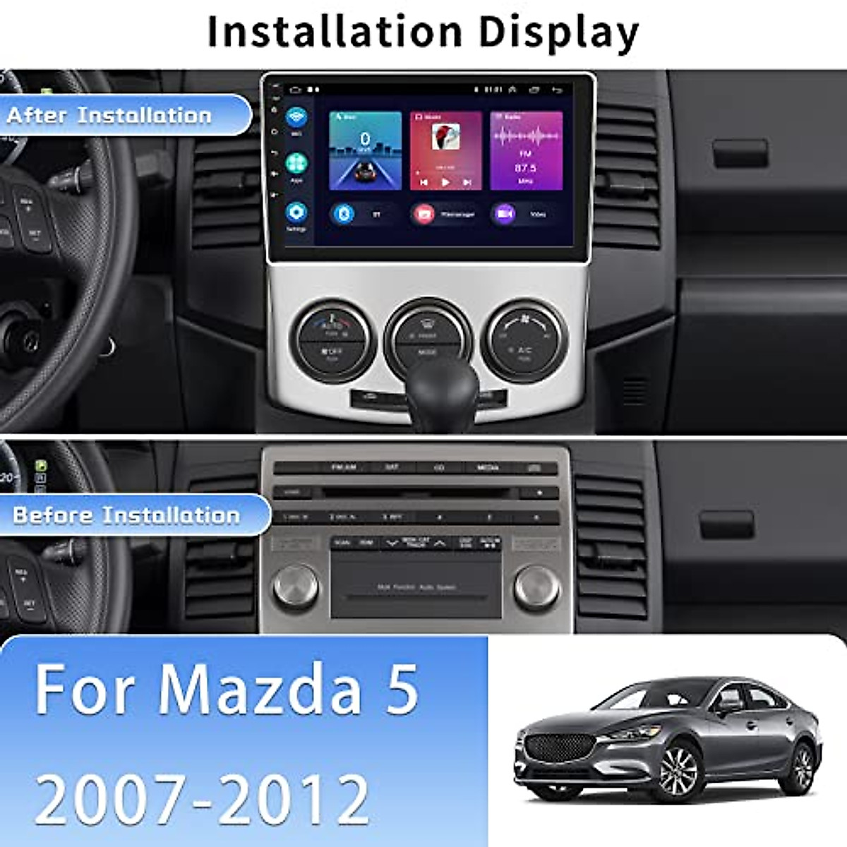 Android 11 Car Stereo for Mazda 5 2007-2012 with Wireless Apple CarPlay Android Auto,9 inch Touchscreen Car Radio with WiFi,GPS Navigation,Bluetooth,FM/RDS,SWC AUX-in,Dual USB+AHD Backup Camera