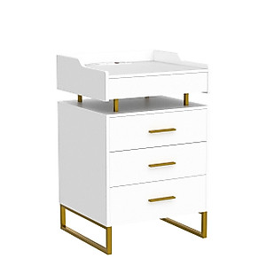 BTHFST LED Nightstand with Charging Station, Large Night Stand with 3 Drawers and 1 Pull-Out Tray, Modern Bedside Table with LED Lights, End Side Table with Storage, White and Gold