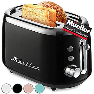 Mueller Retro Toaster 2 Slice with 7 Browning Levels and 3 Functions: Reheat, Defrost & Cancel, Stainless Steel Features, Removable Crumb Tray, Under Base Cord Storage, Black
