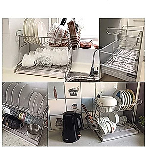 Plate Rack Draining Dish Rack 2 Tier Dish rack 304 Stainless Steel Dish Drainer Rack Holder Dish Drying Rack with Removable Draining Pan Plate Holder
