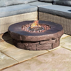 Teamson Home 50,000 BTU Round Concrete Look Steel Outdoor Fire Pit Outside Propane Gas Firepit with 13 Pounds Lava Rocks and PVC Cover for Outdoor Patio Backyard Deck Décor, 37 Inch, Dark Brown