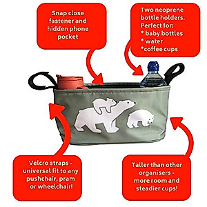 Wheelchair Organizer - Fits Handles of Any Wheelchair, Special Needs Buggy, Rollator or Mobility Scooter – Wheelchair Cup Holder – Cell Phone Pocket - Lots of Storage (Gray-Green Polar Bear)