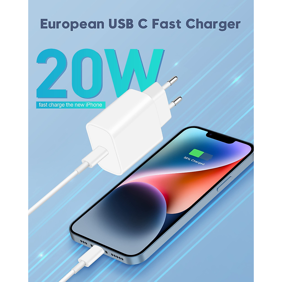 European Travel Plug Adapter, 20W iPhone Fast Charger USB C Wall Charger Block Plug with 10FT Charging Cable for iPhone 14/13/12/11 Pro Max/XS/XR/X/8, iPad, Europe EU Power Plug Type C Adaptor Charger