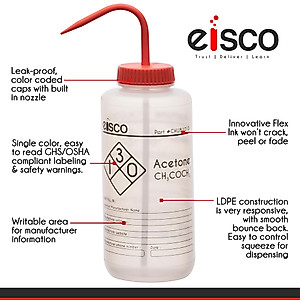 EISCO 2PK Wash Bottles for Acetone, 500ml - Labeled with Chemical Information & Safety Information (1 Color) - Wide Mouth, Self Venting, Low Density Polyethylene - Performance Plastics Labs