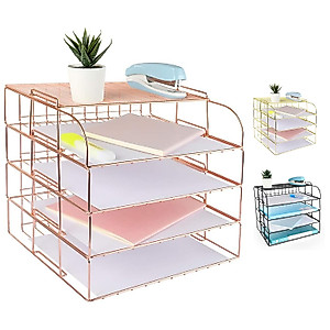 Spacrea Letter Tray, 4 Tier Rose Gold Desk Organizers and Accessories for Women, Stackable Paper Tray Organizer Desk File Organizer with 1 Upper Display Shelf (Rose Gold)