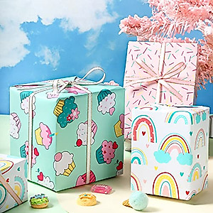 LeZakaa Mini Wrapping Paper Roll - Mini Roll - Cupcake/Rainbow/Colorful Stripe for Birthday - 17 x 120 inches - 3 Rolls (43.77 sq.ft.ttl.)