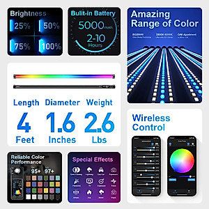 Mettlelite TLX4 RGB Tube Light LED Full Color Video Light with APP DMX Control 4 ft 2800K-8000K CRI96 TLCI97 360° RGB CCT HSI Mode 10 Customizable Light Effects Built in Rechargeable Battery