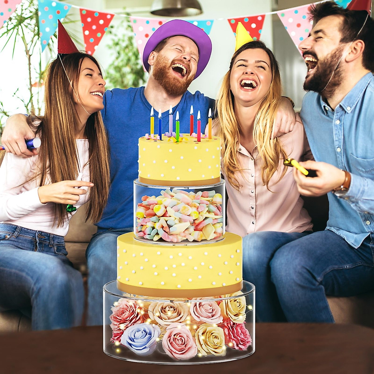 2 PCS Clear Acrylic Cake Stand, FEMELI Fillable Cake Box Case Tier Holder, Cylinder Round Cake Riser Display Box with Lid, Centerpiece Cake Base with Lights for Birthday Wedding Party Decor(10*4, 6*4)