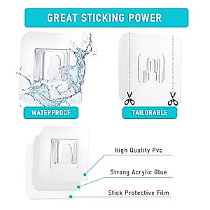 Qianyu 50Pcs Double Sided Adhesive Wall Hooks Transparent Wall Adhesive Hooks for Hanging Clip Rain Sticky Hooks Clear Waterproof Utility Sticker Hook for Shower Bathroom Kitchen Office Basket Picture