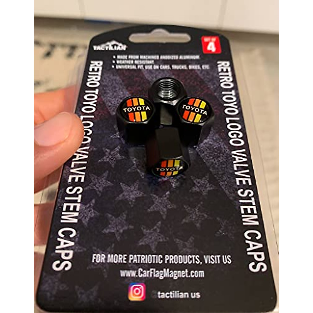 Tactilian Retro Toyota Valve Stem Cap - Red Orange Yellow Yota Aluminum with Rubber Ring Tire Wheel Rim Dust Cover fits Cars, Trucks, Bikes, Motorcycles, Bicycles - (4 Pack) (Retro Toyota)