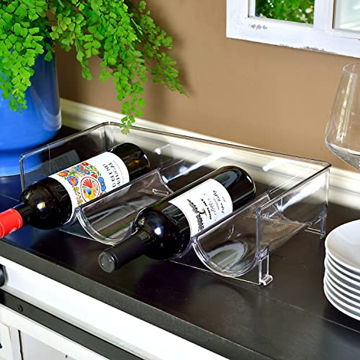 Youngever Plastic Water Bottle Organizer, Clear Bottle Rack Organizer, Plastic Wine Rack, Stackable 4 Bottle Storage Holder Rack for Water, Wine and Drink Organizer