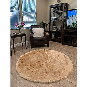 LAMBZY Faux Sheepskin Super Soft Hypoallergenic Silky Round Shag Rug for Living Room, Kids Room, Sofa (5', Beige)