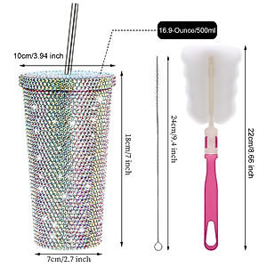 Mezchi Studded Bling Diamond Tumbler, 17 Oz Glitter Tumbler with Lid, Sparkly Stainless Steel Thermal Drinking Water Cup, Rhinestone Tumbler with 1 Pcs Brush 6 Pcs Straw Brushes for Women