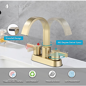 Senhozi Bathroom Sink Faucet 3 Hole Brushed Gold, 2 Handle 4 Inch Centerset Stainless Steel Bathroom Faucet with Pop up Drain and 2 Supply Lines, Waterfall Faucet Modern Faucet Bathroom, SE-0048-BG